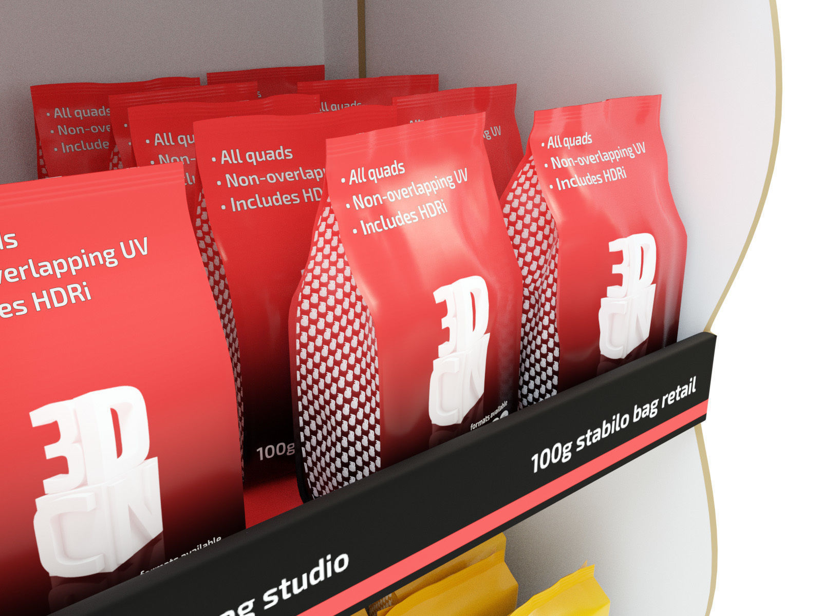 3 Bags Quad seal Pillow and Stabilo bags and display unit 3D model ...