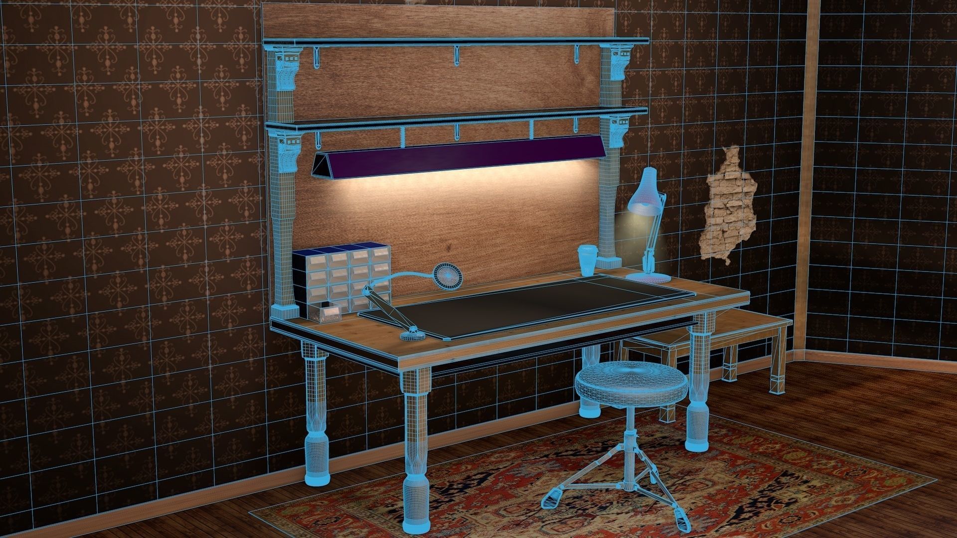 workbench room with desk and bookshelf 3D model | CGTrader