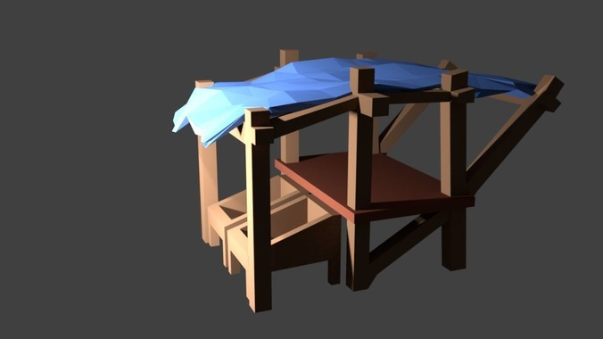 3D model Low poly Market wooden structure with roof VR / AR / low-poly ...