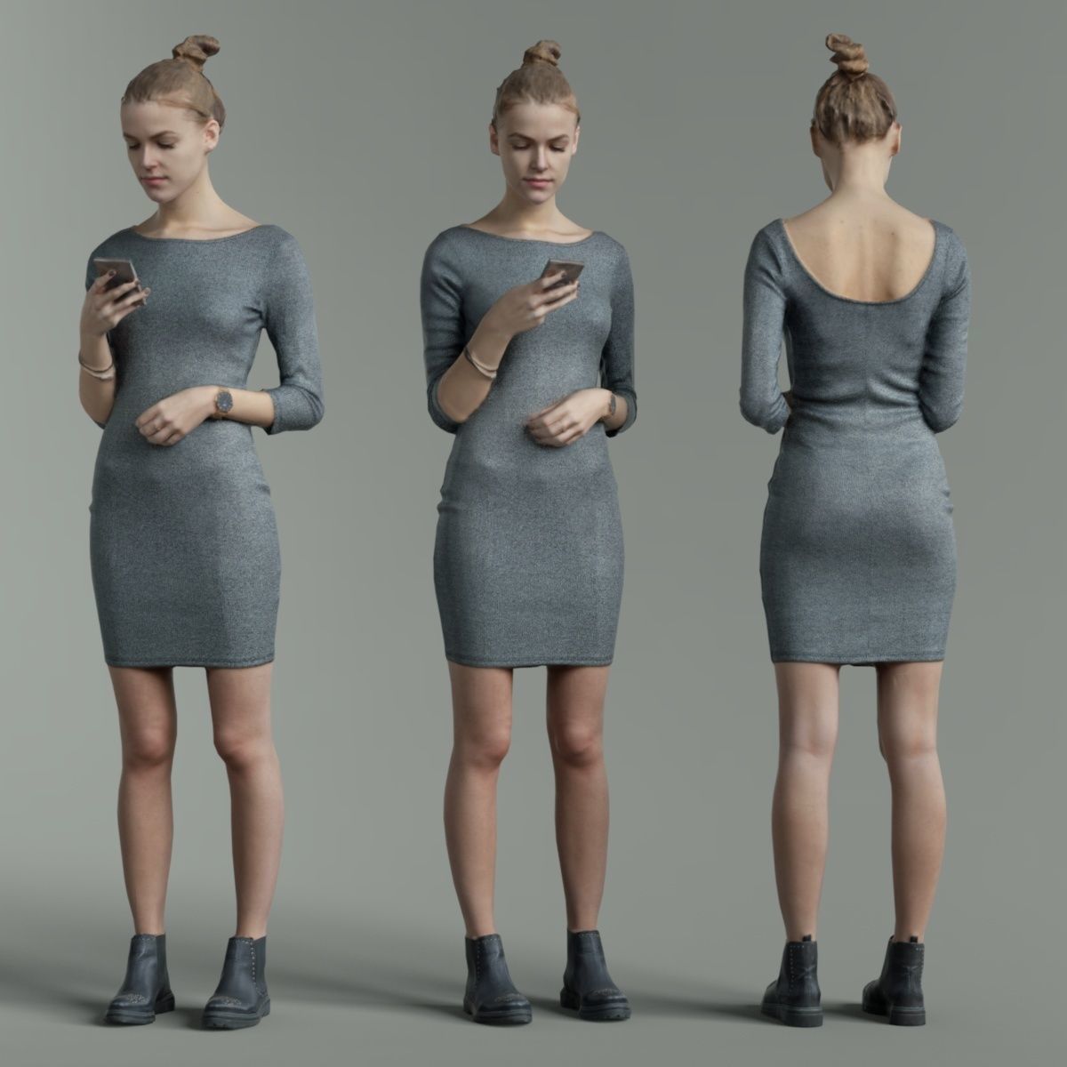3D model Girl in Grey Dress Texting VR / AR / low-poly | CGTrader