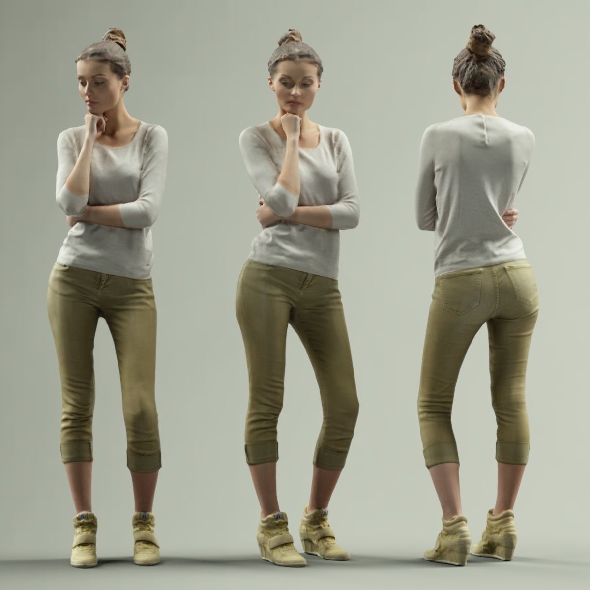 3D model Thinking Pose in Green Pants and White Top VR / AR / low-poly ...