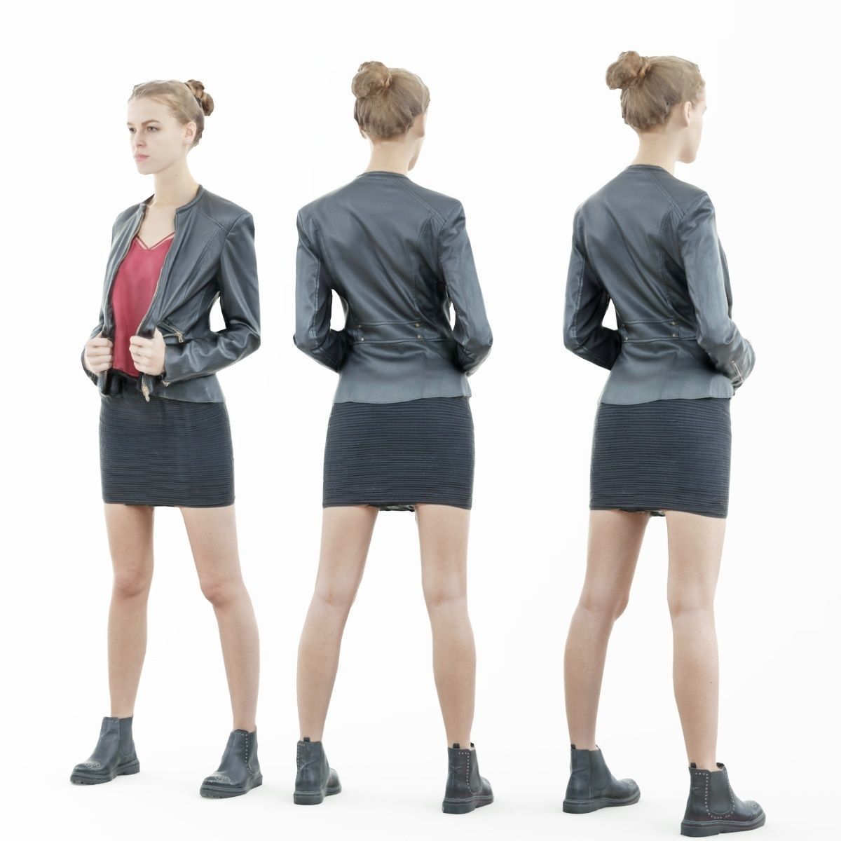3D model Tough Look girl in Leather Jacket and Red Top VR / AR / low ...