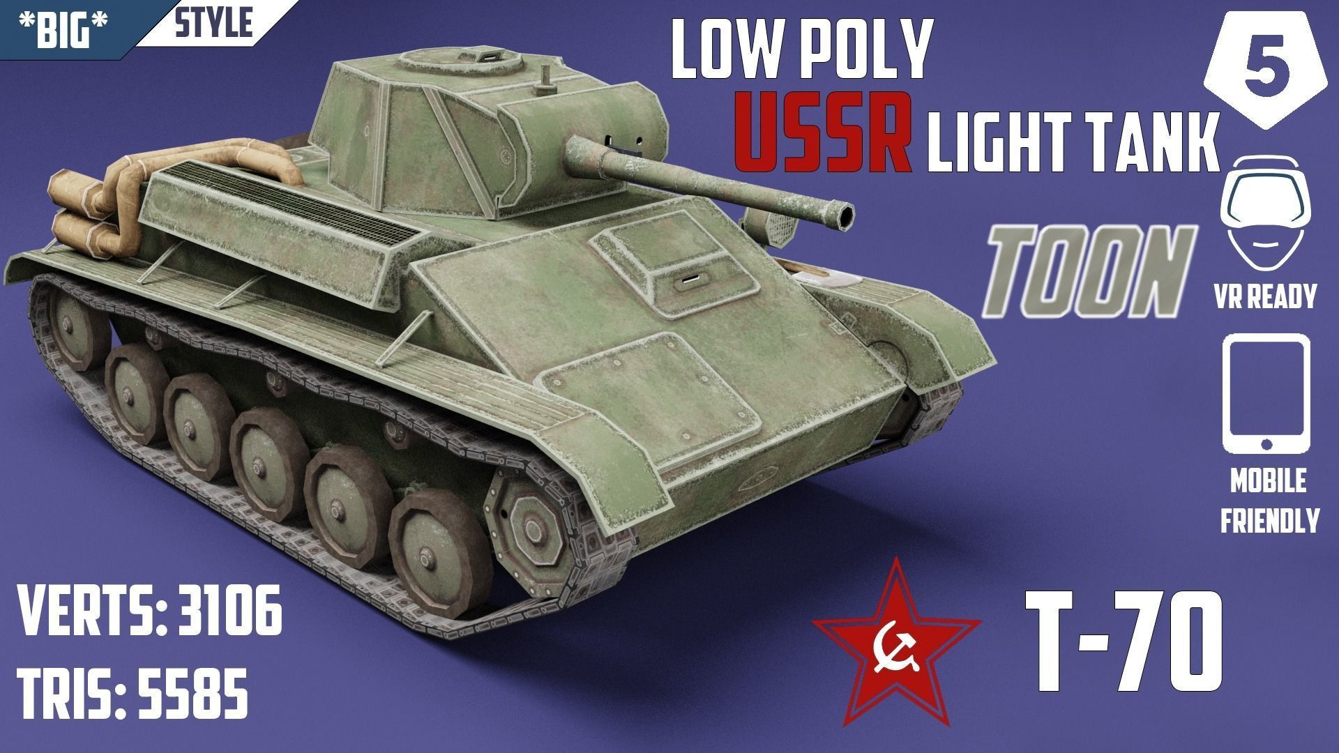 3D model T-70 USSR Toon Tank -Big- VR / AR / low-poly | CGTrader