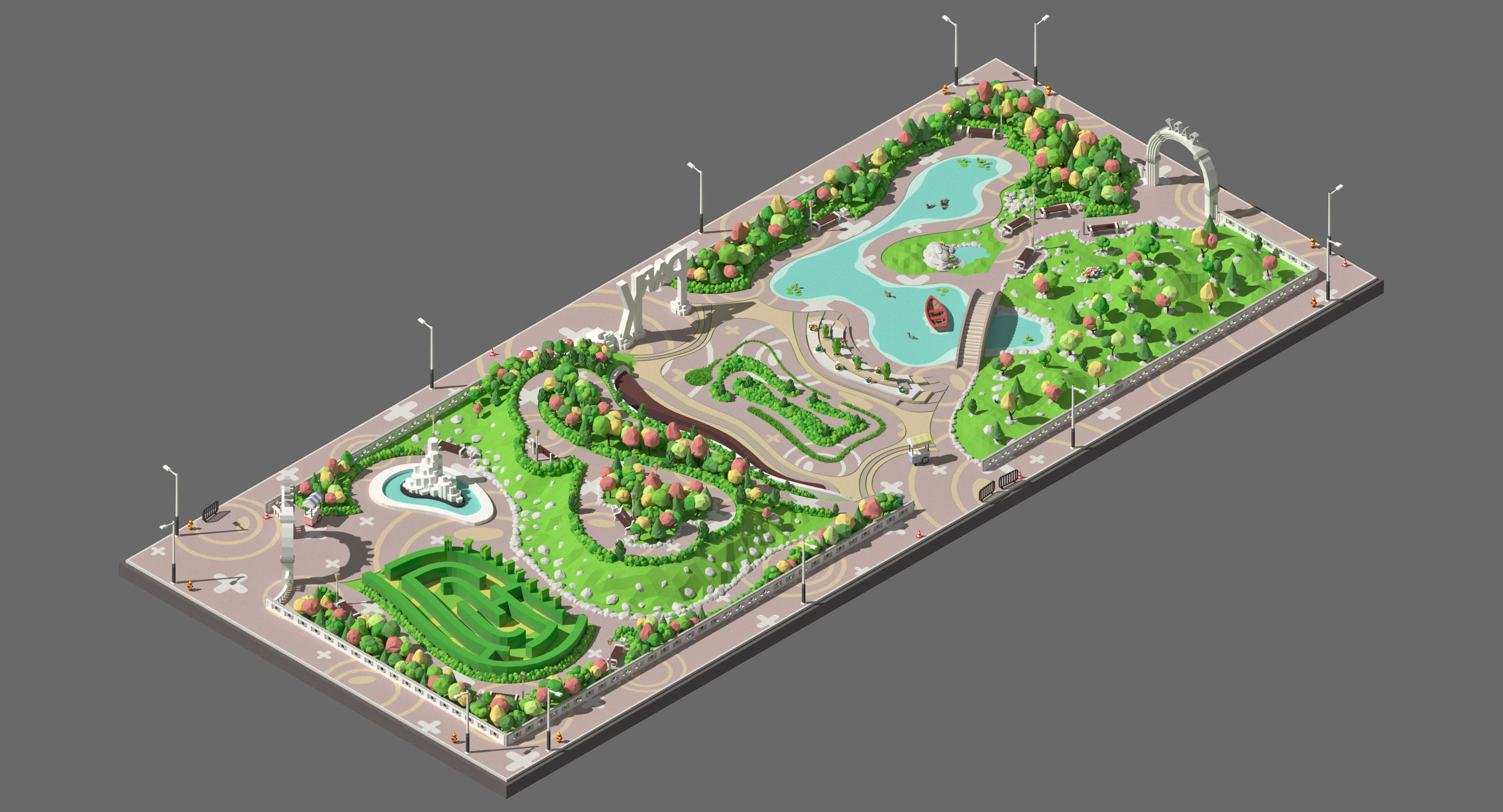 3D model Low poly big park with pond and labyrinth VR / AR / low-poly ...