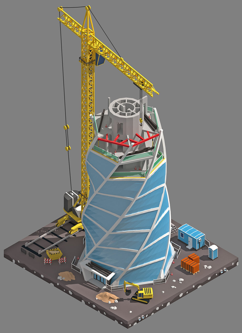 3D model Stages of building a skyscraper in a low poly style VR / AR ...