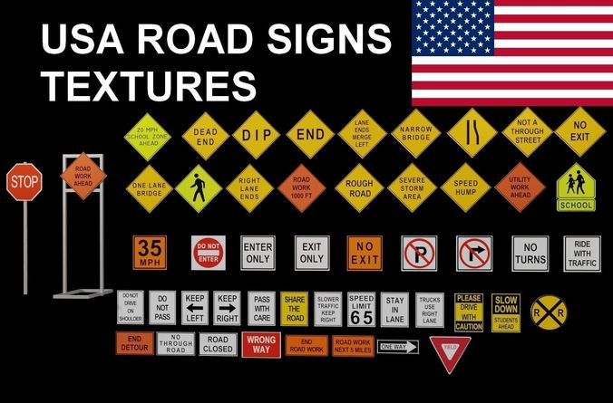 3D model Road Signs Collection with Textures - US Signs Set - 50 Items ...