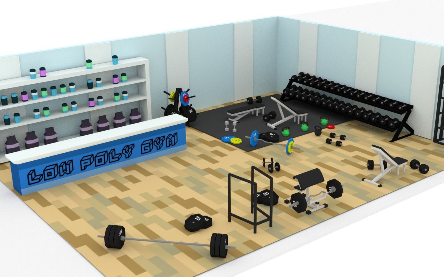 3D model Low Poly Gym room with weights and equipment VR / AR / low ...