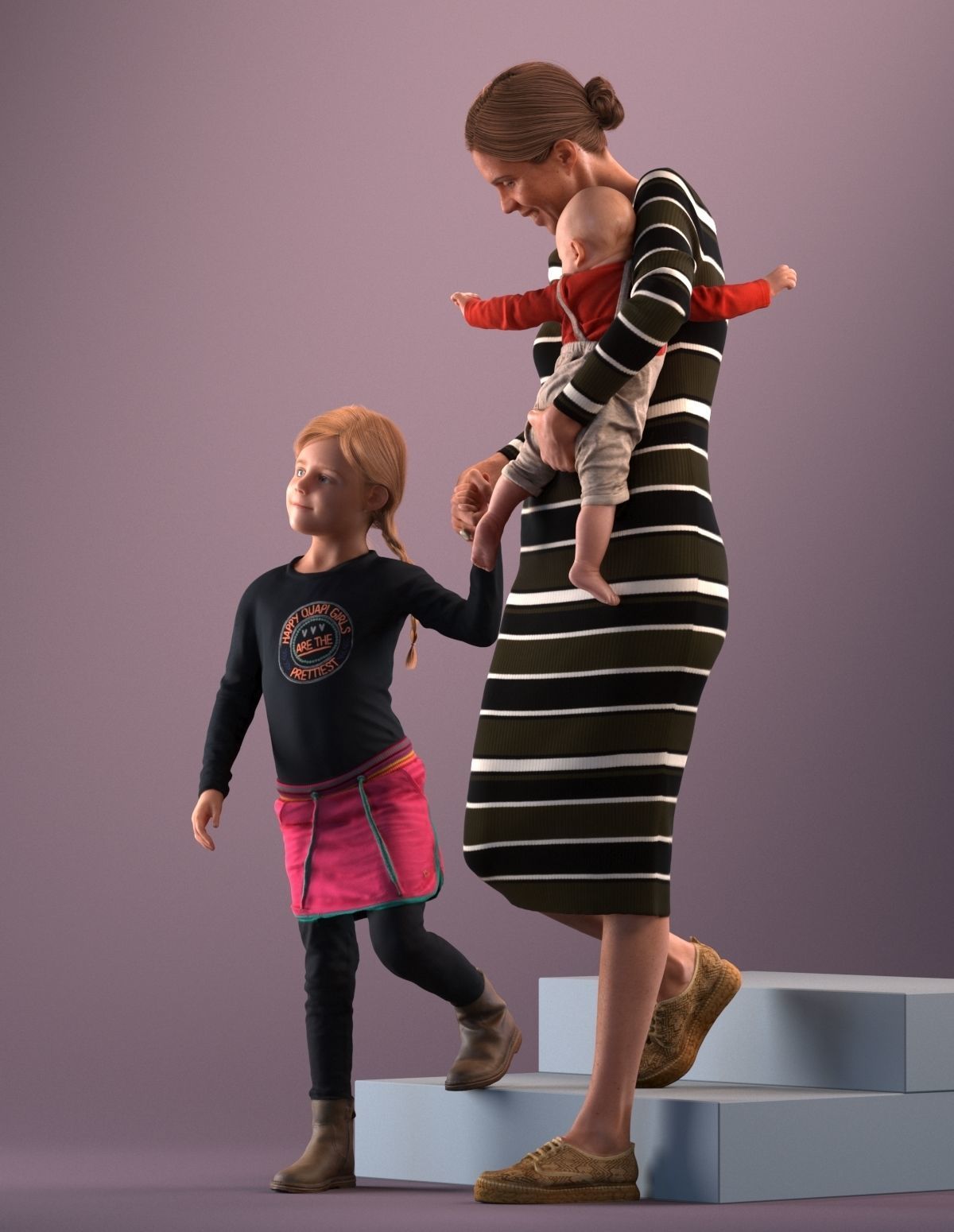 Pre-posed mother with her kids 3D model | CGTrader