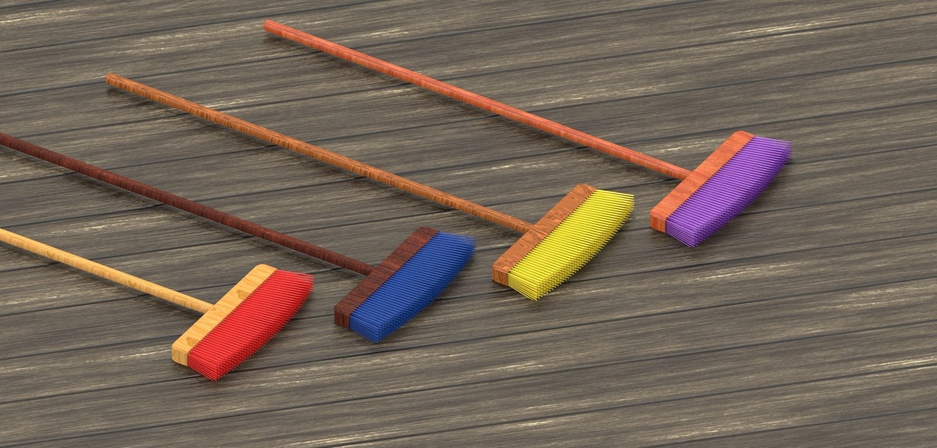Broom four different colored brooms free 3D model | CGTrader