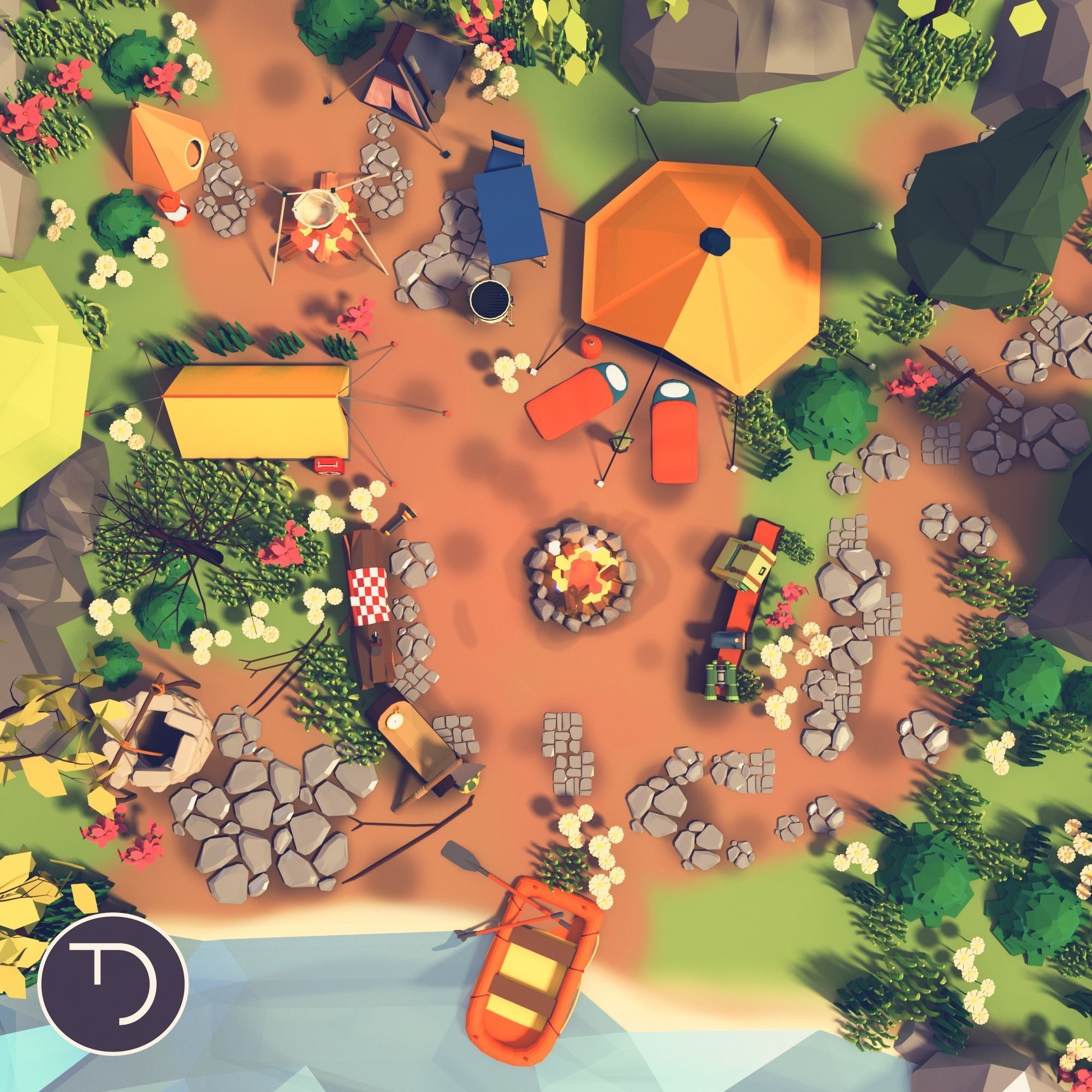 3D model Low Poly Campament drop game asset camping pack VR / AR / low ...