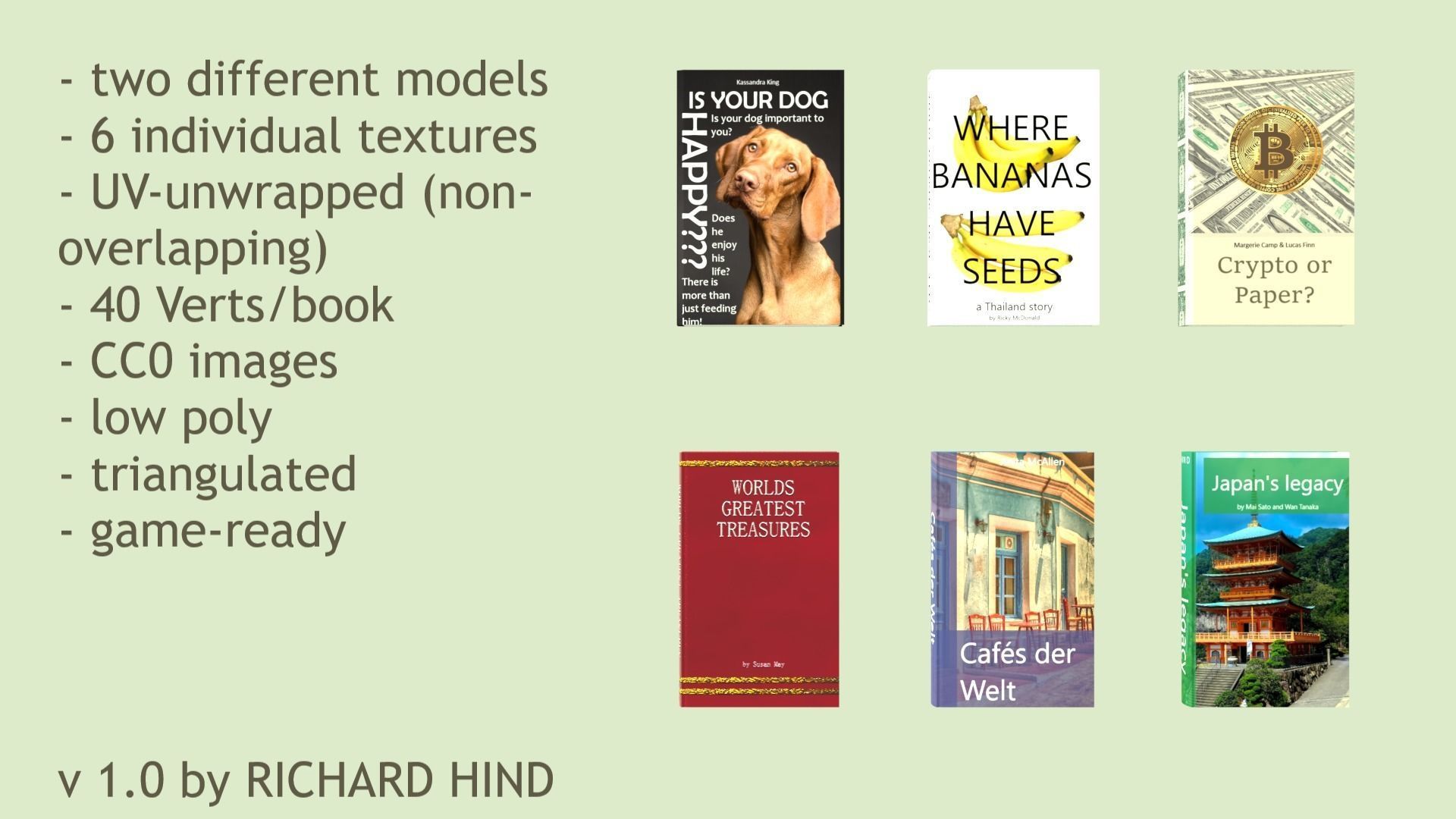 SIX LOW POLY BOOKS FULLY TEXTURED BY RICHARD HIND free VR / AR / low ...