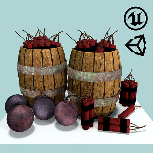 3D model Barrels with Dynamite and Cannonballs and Bomb VR / AR / low ...