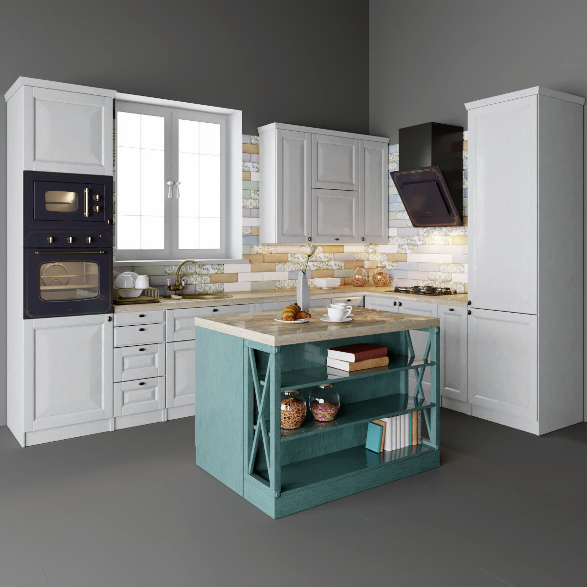 Classic kitchen with island and with sink under the window 3D model ...